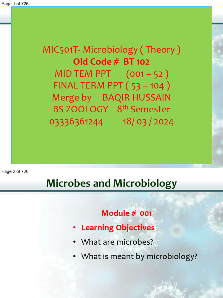 Mic501t - Microbioligy (Bt-102 Old Code) PPT # 1-74 Pages - 726 | PDF | Staining | Microscope
