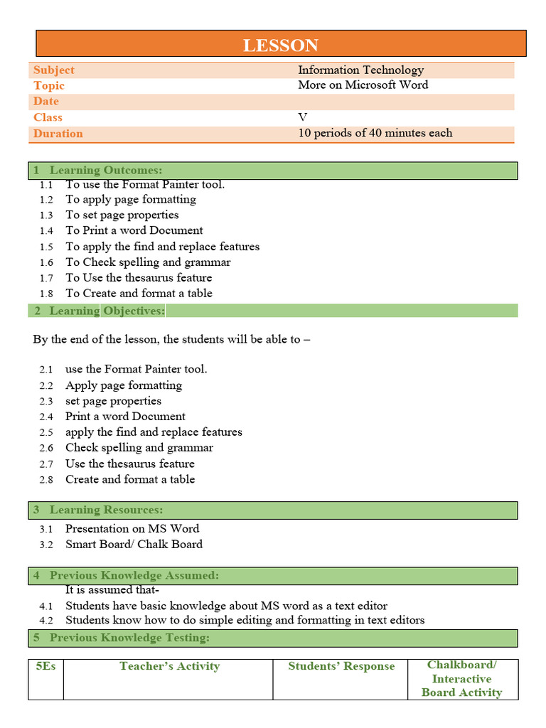 Lesson Plan 3 Class 5 | PDF | Microsoft Word | Paragraph