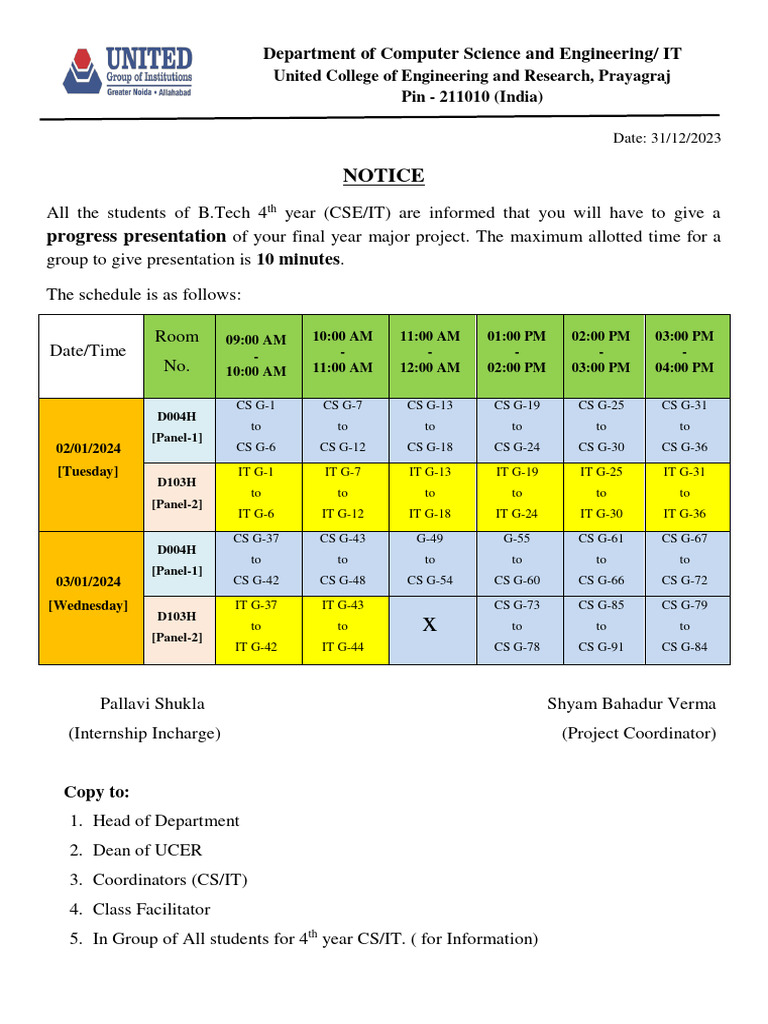 B.Tech 4th Year Project Presentation Schedule | PDF | Engineering