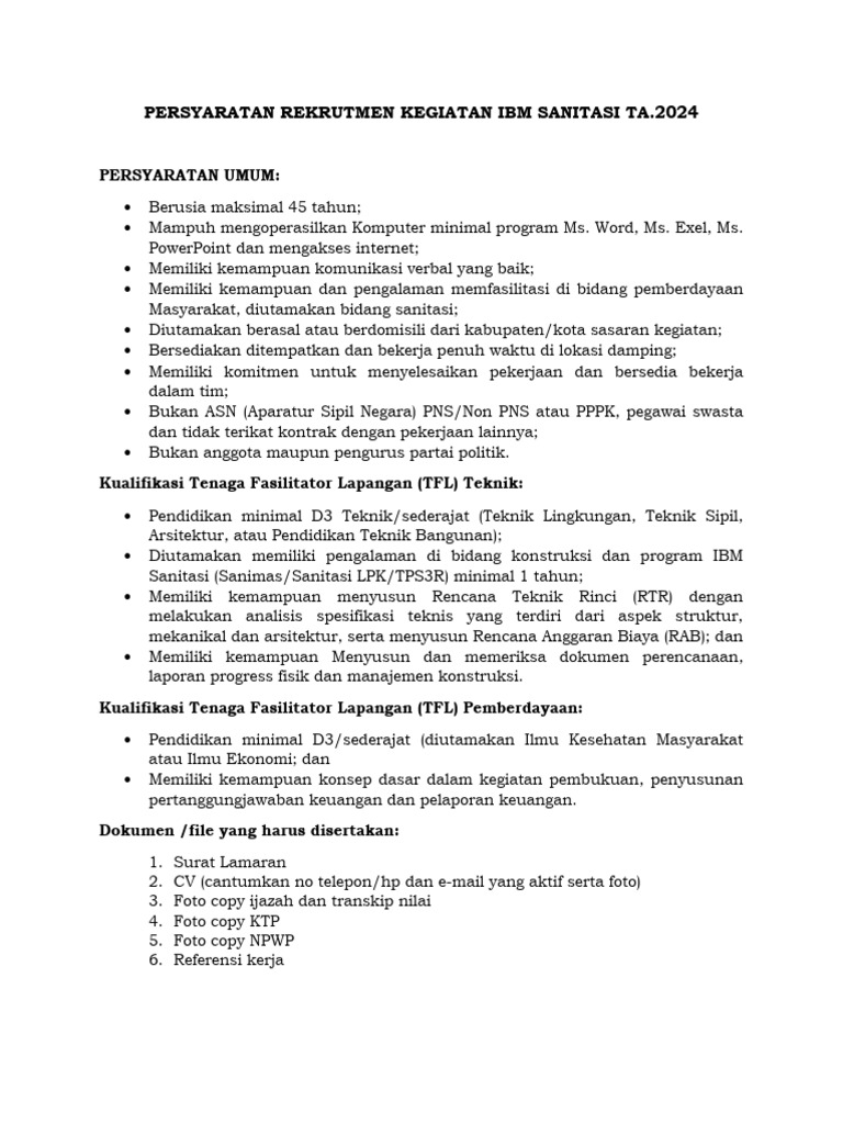Persyaratan Rekrutmen Kegiatan IBM Sanitasi | PDF | Karier & Perkembangan | Bisnis