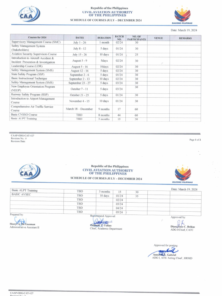 CATC Schedule of Courses July December 2024 | PDF