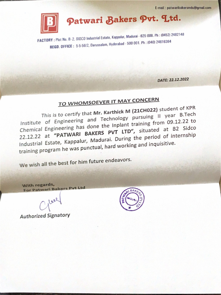 Karthick M Inplant Training Certificate | PDF