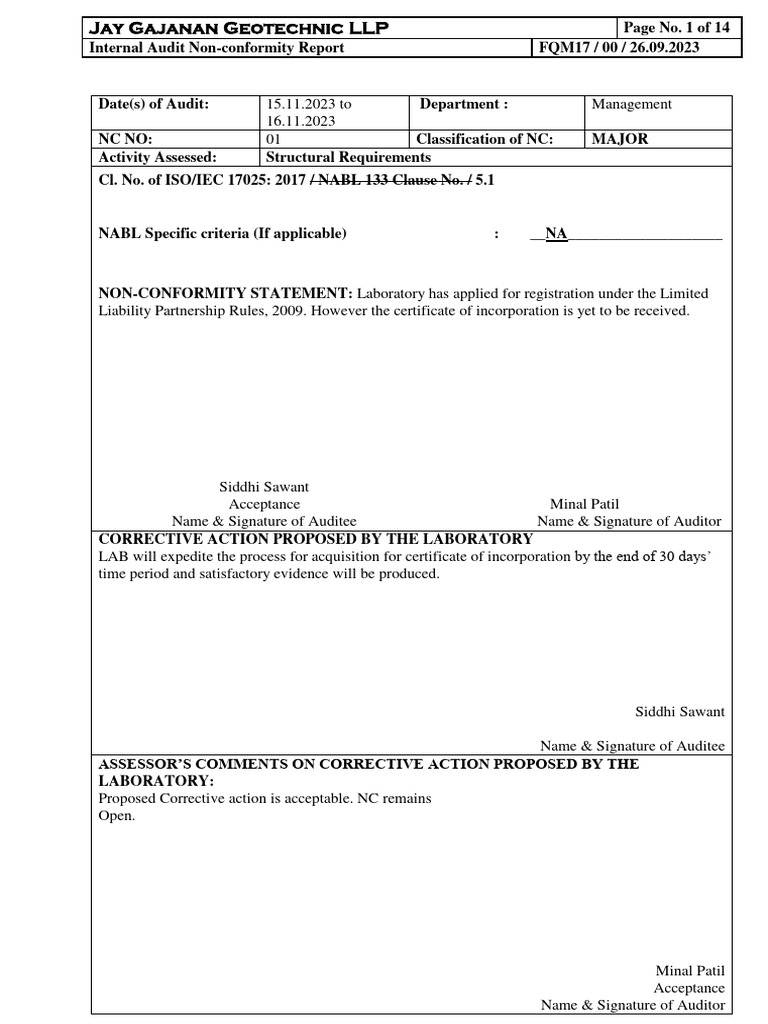 FQM17 Internal Audit Non-conformity Report | PDF | Audit | Business