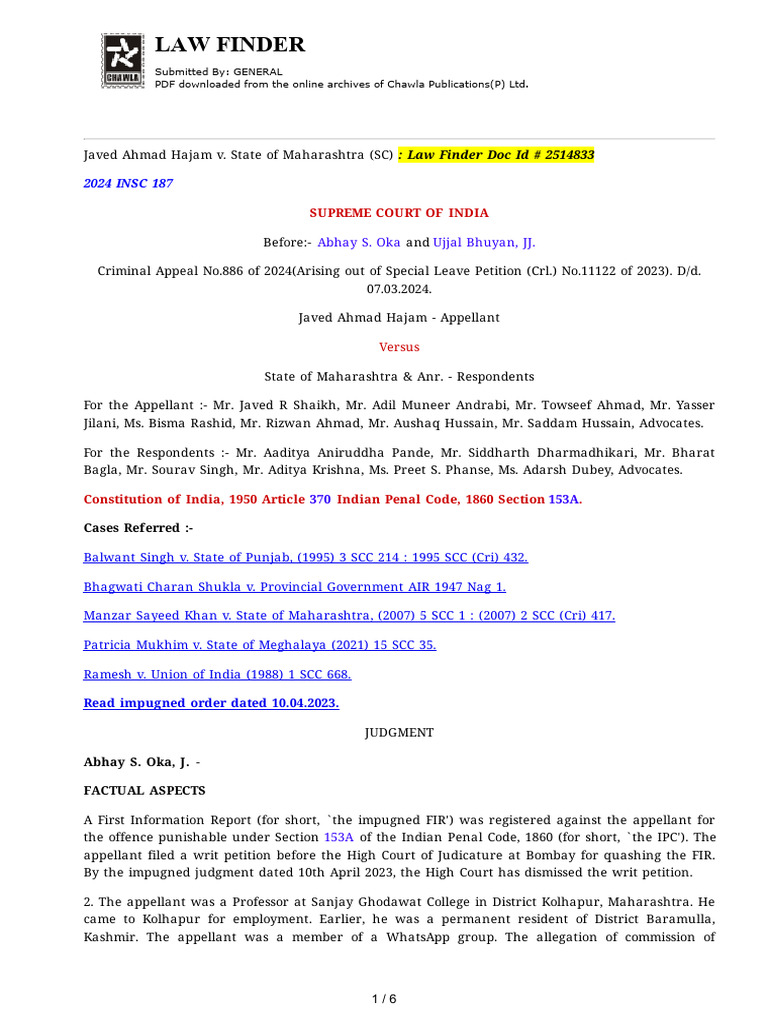 Javed Ahmad Hajam V State Of Maharashtra Sc 2024 Pdf Freedom Of Speech Government 