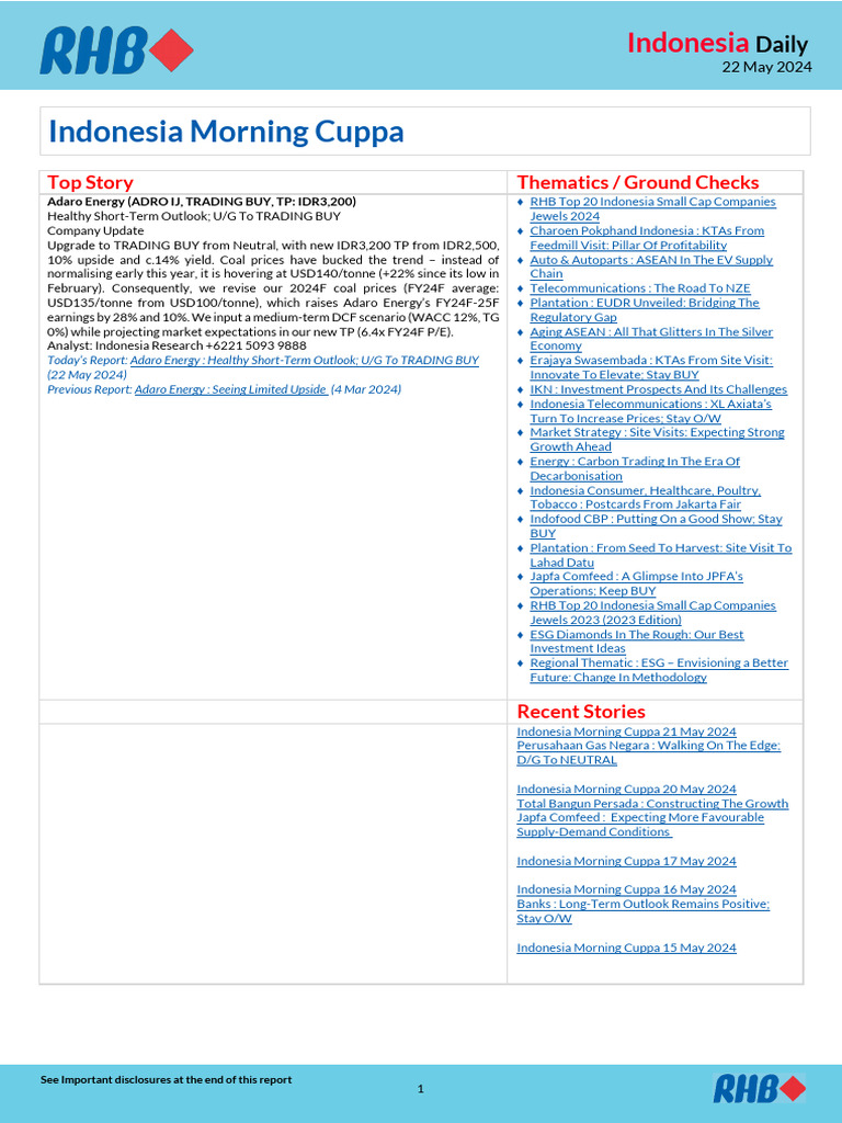 IND Morning Cuppa 22 May 2024 | Download Free PDF | Investing | Securities (Finance)