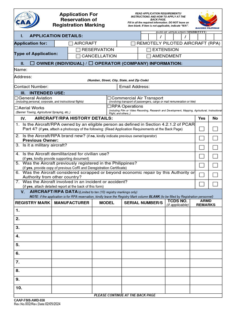 Application for Reservation of Registration Marking (CAAP-FSIS-AWD-038) FILLABLE | PDF | Aviation