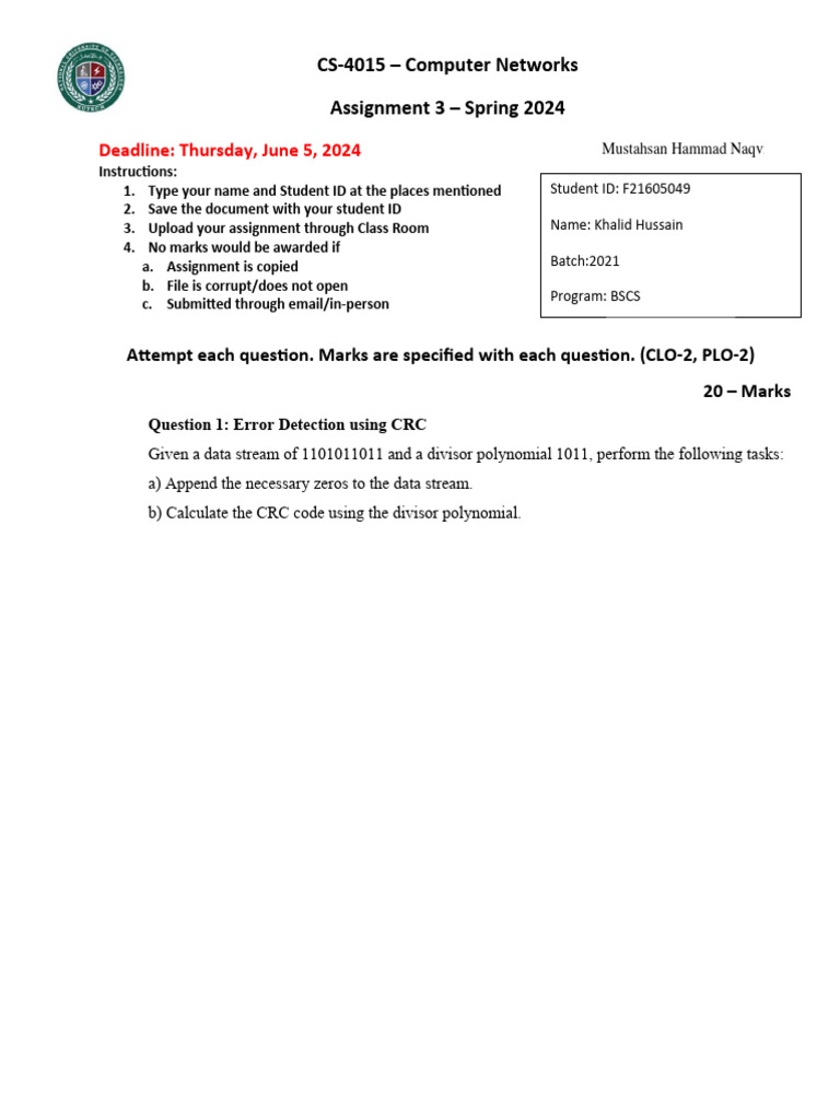 Deadline: Thursday, June 5, 2024: CS-4015 - Computer Networks Assignment 3 - Spring 2024 | PDF ...