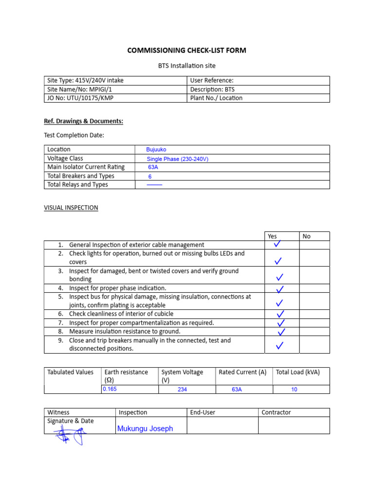 BTS Commissioning Checklist Form | PDF | Equipment | Electrical Equipment