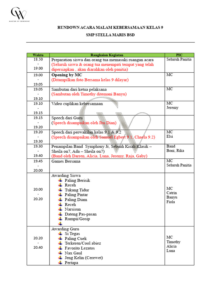 Rundown Acara Malam Kebersamaan Kelas 9 | PDF