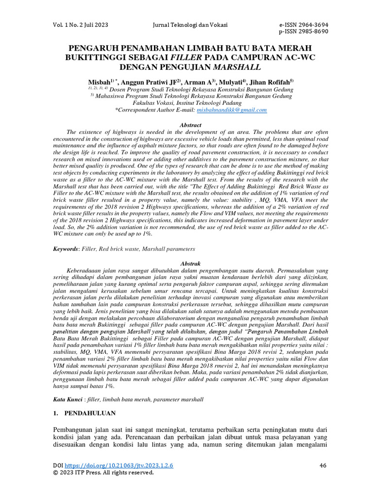 Pengaruh Penambahan Limbah Batu Bata Merah Bukittinggi Sebagai Filler Pada Campuran Ac-Wc Dengan ...