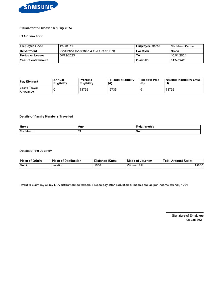 LTA Form | PDF