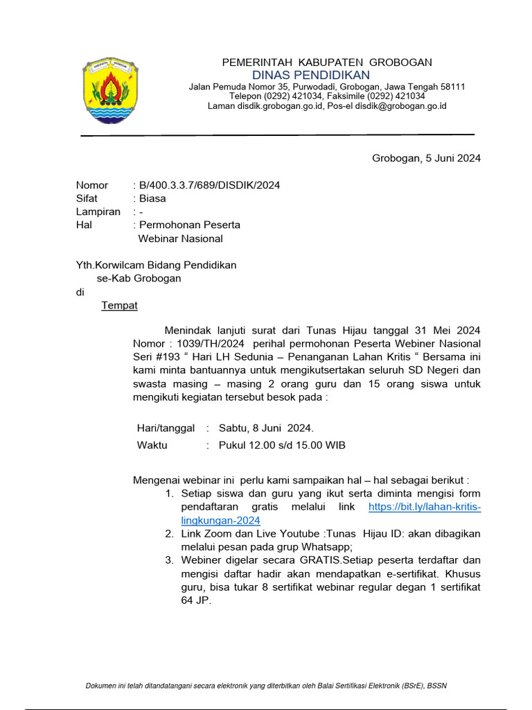 Tte Surat Undangan Permohonan Peserta Webinar Nasional | PDF