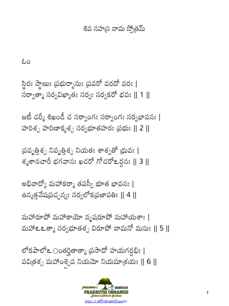 Shiva Sahasra Nama Stotram Telugu Large | PDF