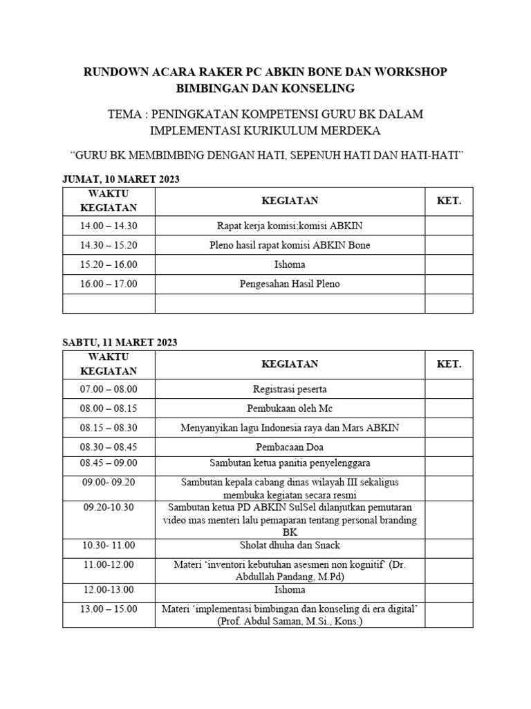 Rundown Acara Raker PC Abkin Dan Workshop BK | PDF