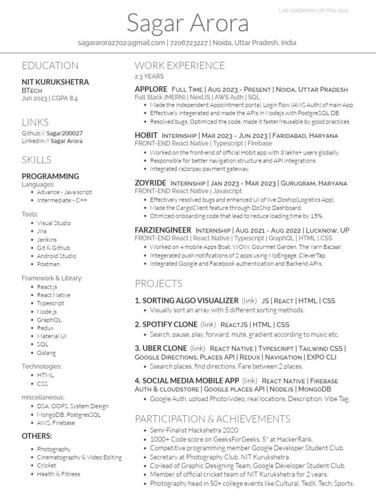Sagar Resume SDE | PDF | Mobile App | Computer Programming