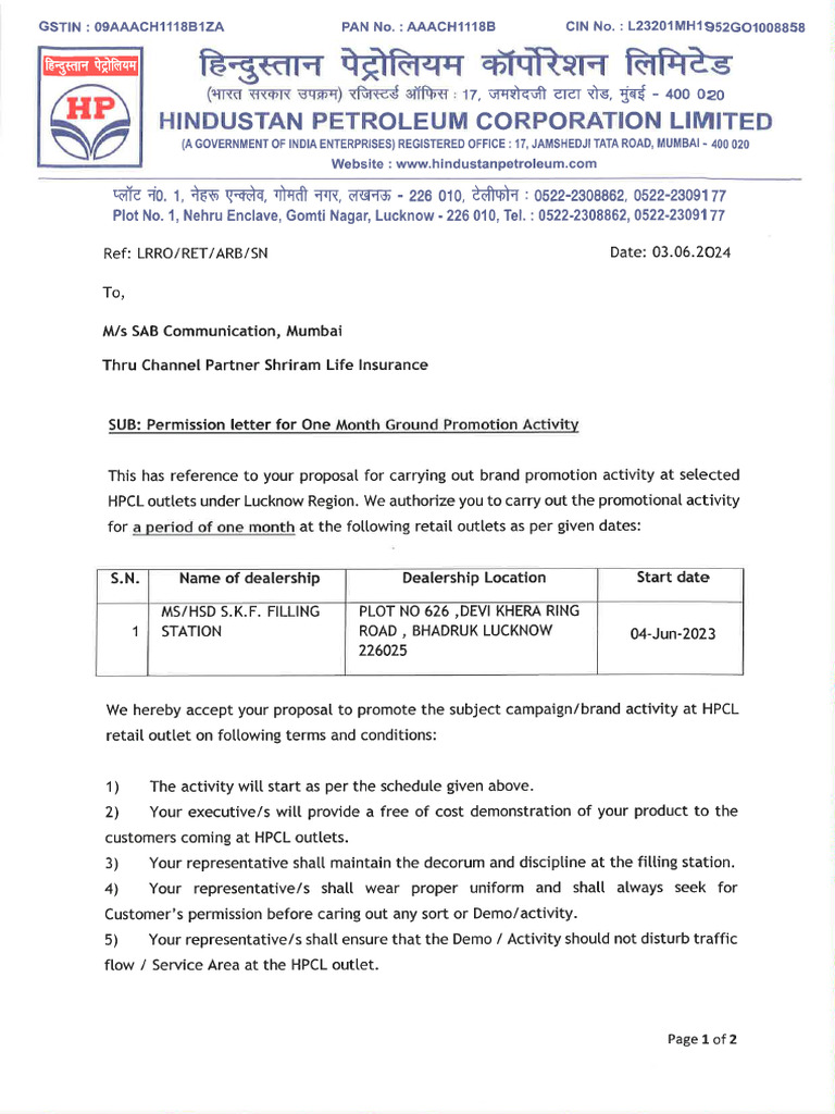 HPCL PErmission Letter Lucknow | PDF