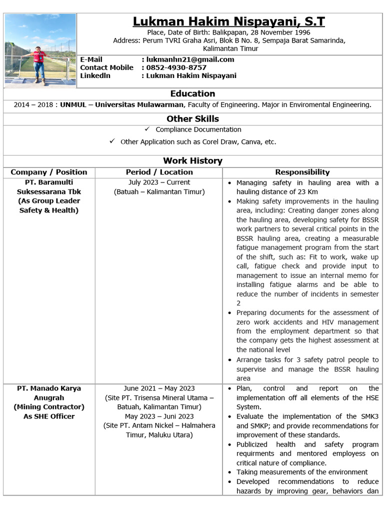 CV Lukman Hakim Nispayani | PDF | Occupational Safety And Health | Safety