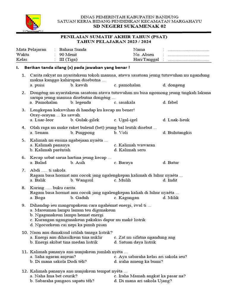 Master Soal Psat Bahasa Sunda Kelas 3 | PDF