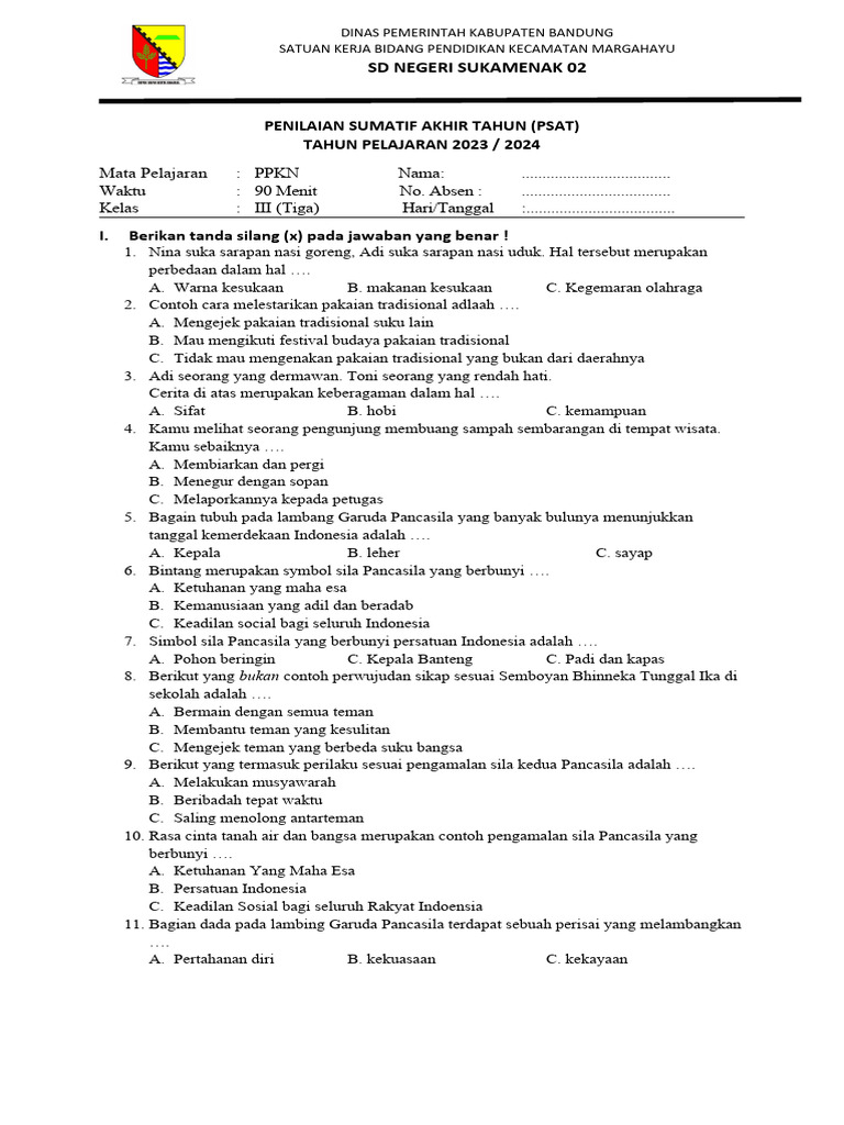 Soal PSAT 2024 PPKN | PDF