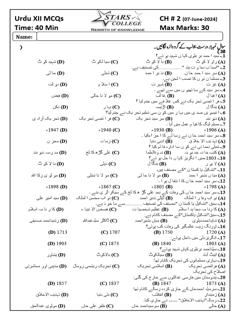 Urdu XII CH # 2 MCQs (07-June-2024) | PDF