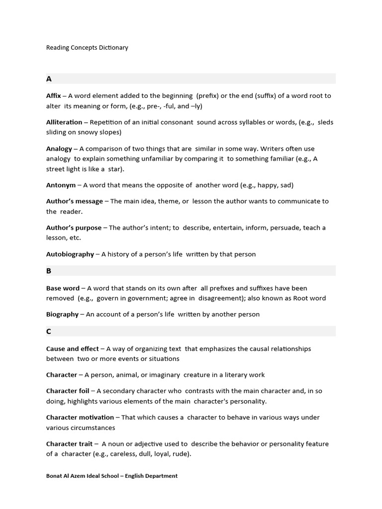 Reading Concepts Dictionary | PDF | Narration | Poetry