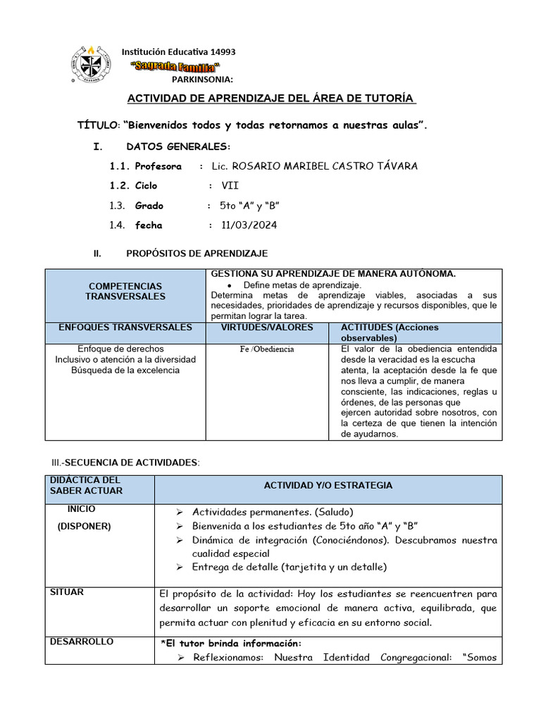 Actividad de Aprendizaje Tutoría Primera Sesión 2024 | PDF | Aprendizaje