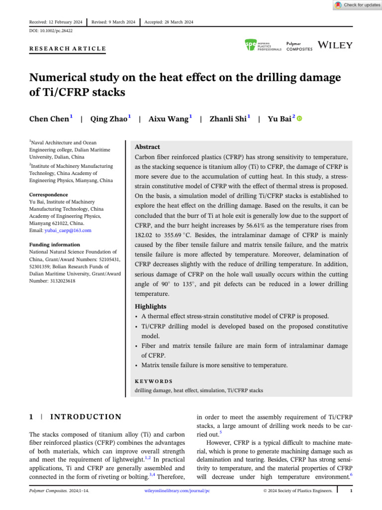 Numerical Study on the Heat Effect on the Drilling Damage of TiCFRP Stacks | PDF | Titanium ...