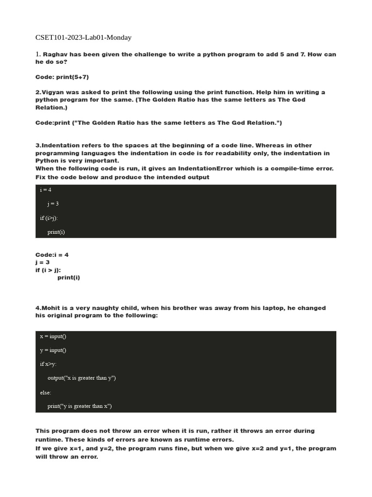 Lab-1 Questions and Solutions | PDF | Computer Program | Programming