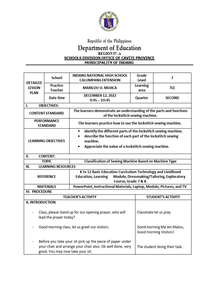 Final Demo Lesson Plan | Download Free PDF | Textile Arts | Sewing