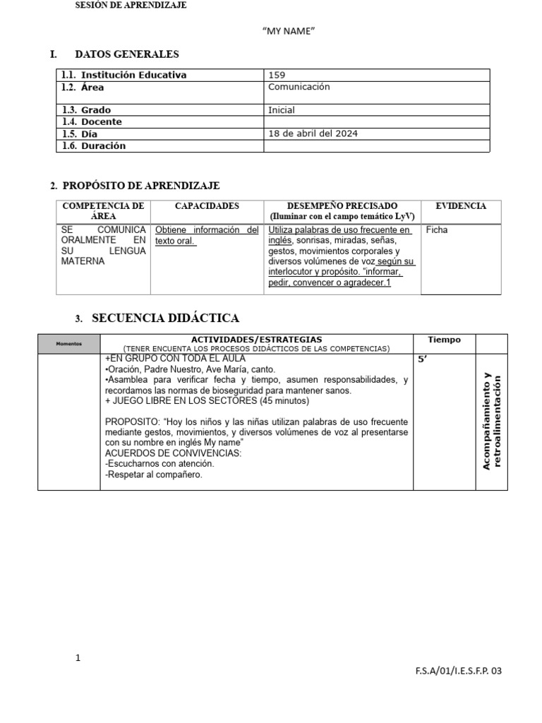Aprendizaje de Inglés: "My Name" | PDF | Artes del Lenguaje y Comunicación