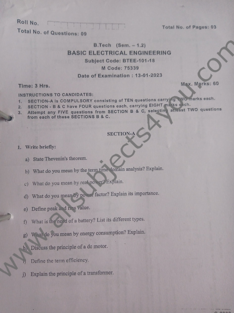 BEEE 1st Year Exam Paper 2023 | PDF | Electrical Network | Materials ...