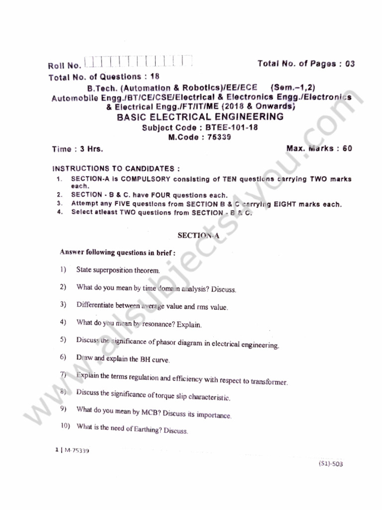 B.Tech Basic Electrical Engineering Exam | PDF | Electrical Engineering ...