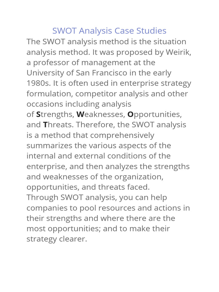 SWOT Analysis Case Study | PDF | Swot Analysis | Competitive Advantage