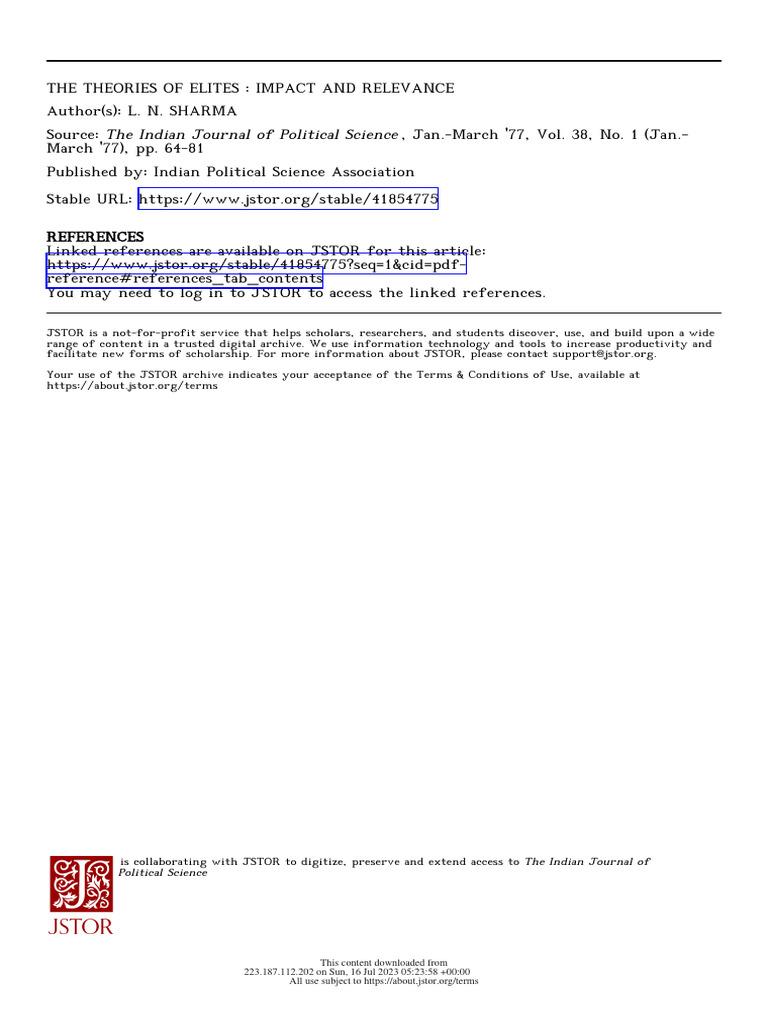 Elite Theory Sharma JSTOR | PDF | Socialism | Democracy