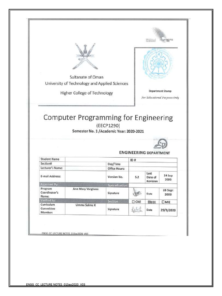 Handout - EECP1290 - Computer Prog Ver 5.2 Semester 1 2020-21 | PDF | C (Programming Language ...