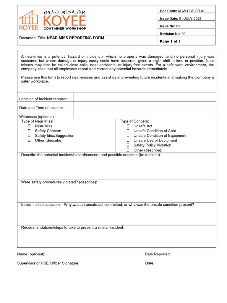 HSE-FR-01 Near Miss Reporting Form | PDF HSE-FR-01 Near Miss Reporting Form | PDF