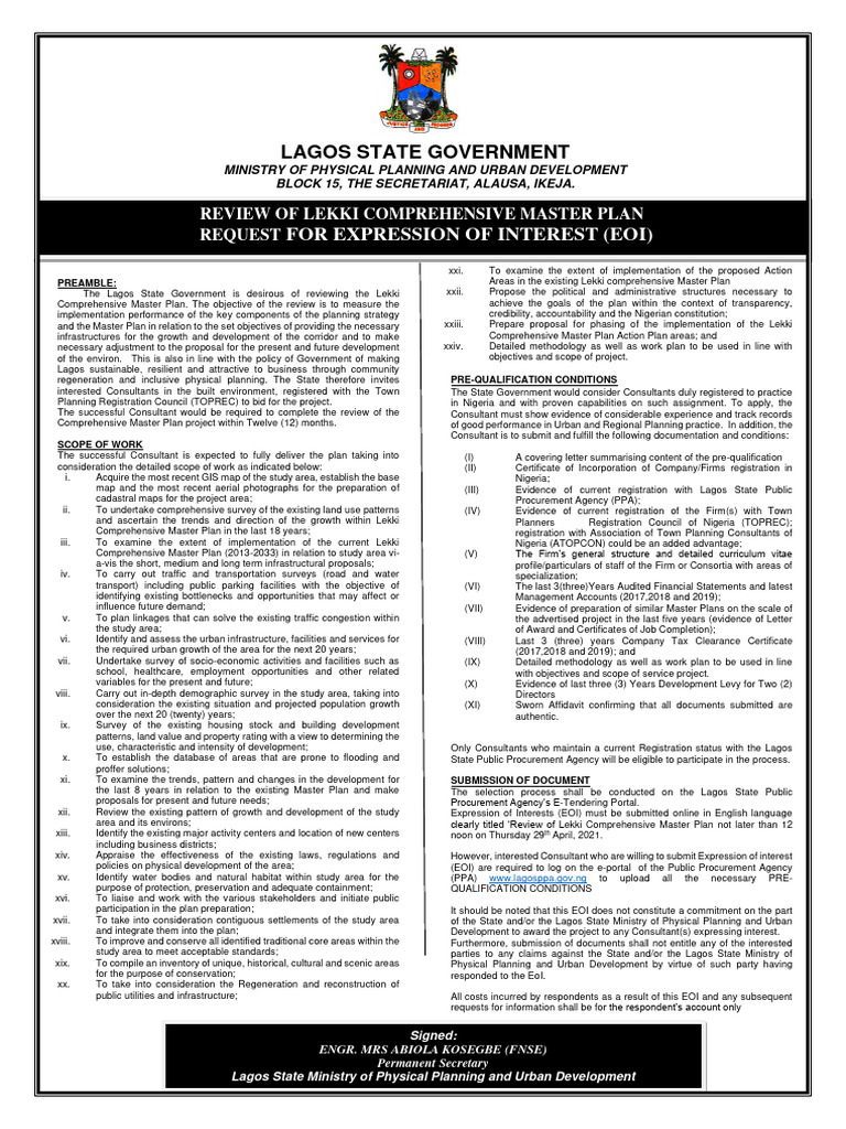 Lekki Master Plan Review EOI Invitation | PDF | Real Estate Appraisal