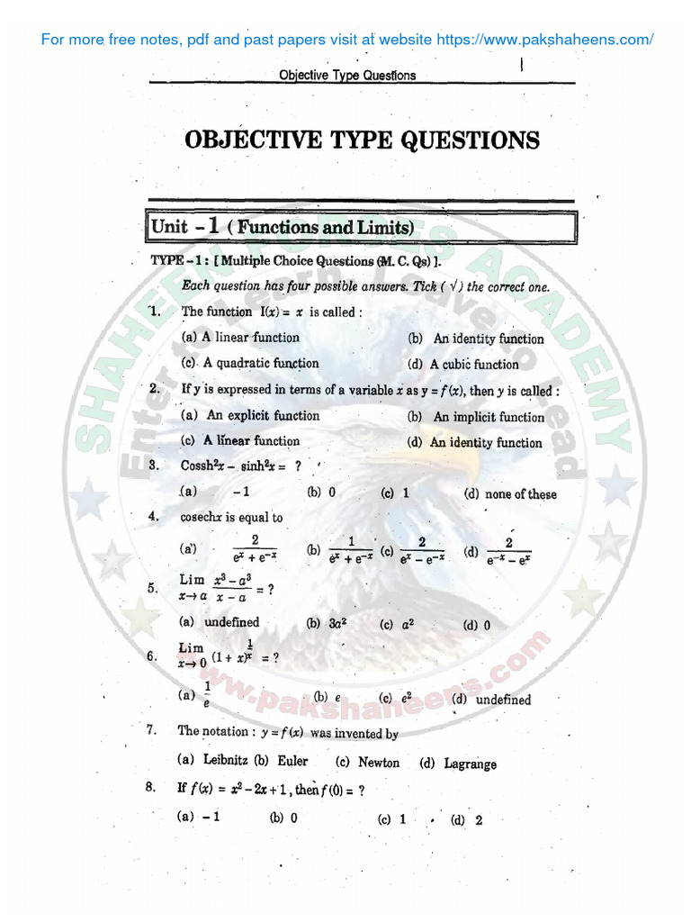 Mcqs Maths Intermediate | PDF