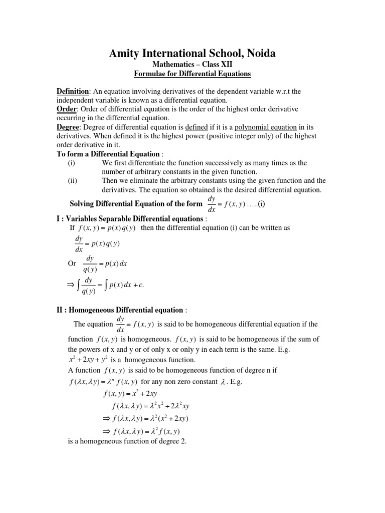 Formulae Differential Equation | PDF | Equations | Differential Equations