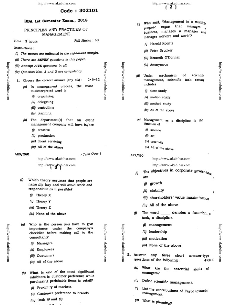 Bba 1 Sem Principles and Practices of Management 302101 2018 | PDF