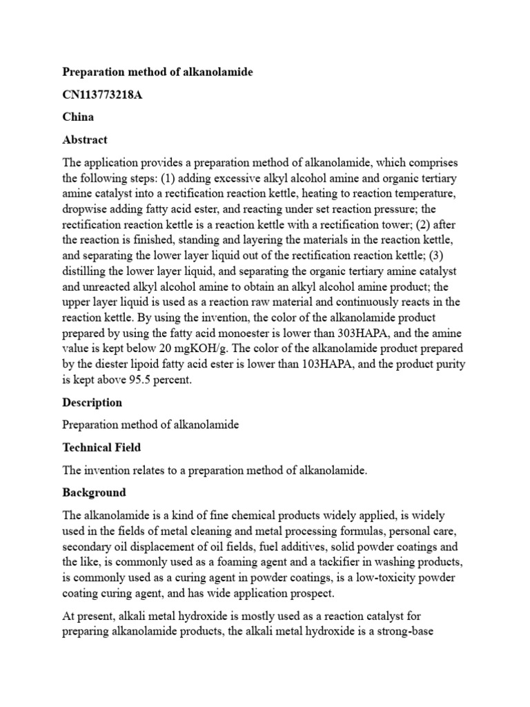 Preparation Method of Alkanolamide مثال 16 | PDF | Ester | Catalysis