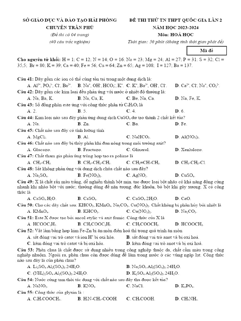 63 de Thi Thu TN THPT 2024 Chuyen Tran Phu Hai Phong Lan 2 File Word Co Loi Giaidocx 1600 PDF ...