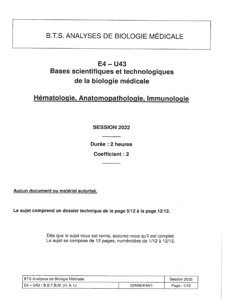 BTS_ABM_Hematologie_Anatomopathologie_Immuno_E4_U43_2022 | PDF
