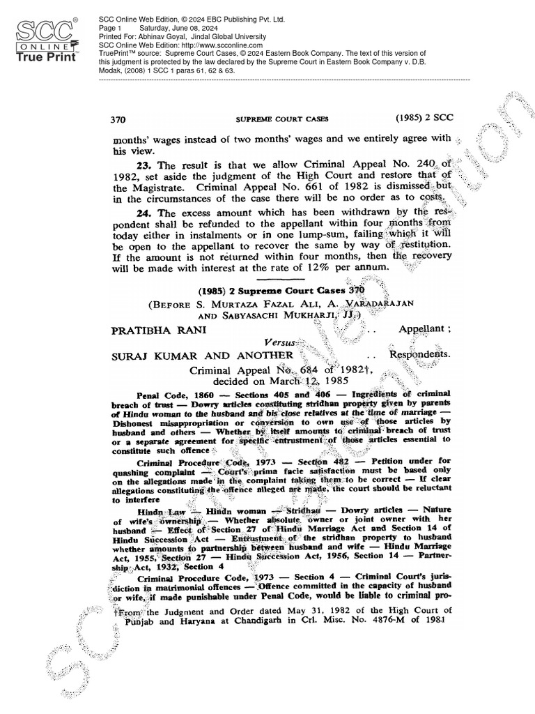Pratibha Rani V Suraj Kumar SCC Case | PDF | National Supreme Courts ...