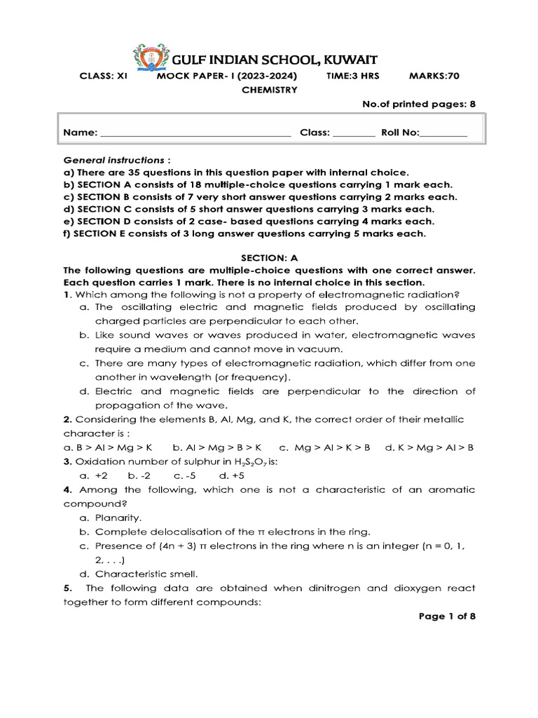 Chem Sample Paper 1 | PDF