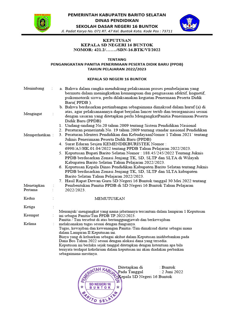 SK Panitia PPDB 2022-2023 16 | PDF