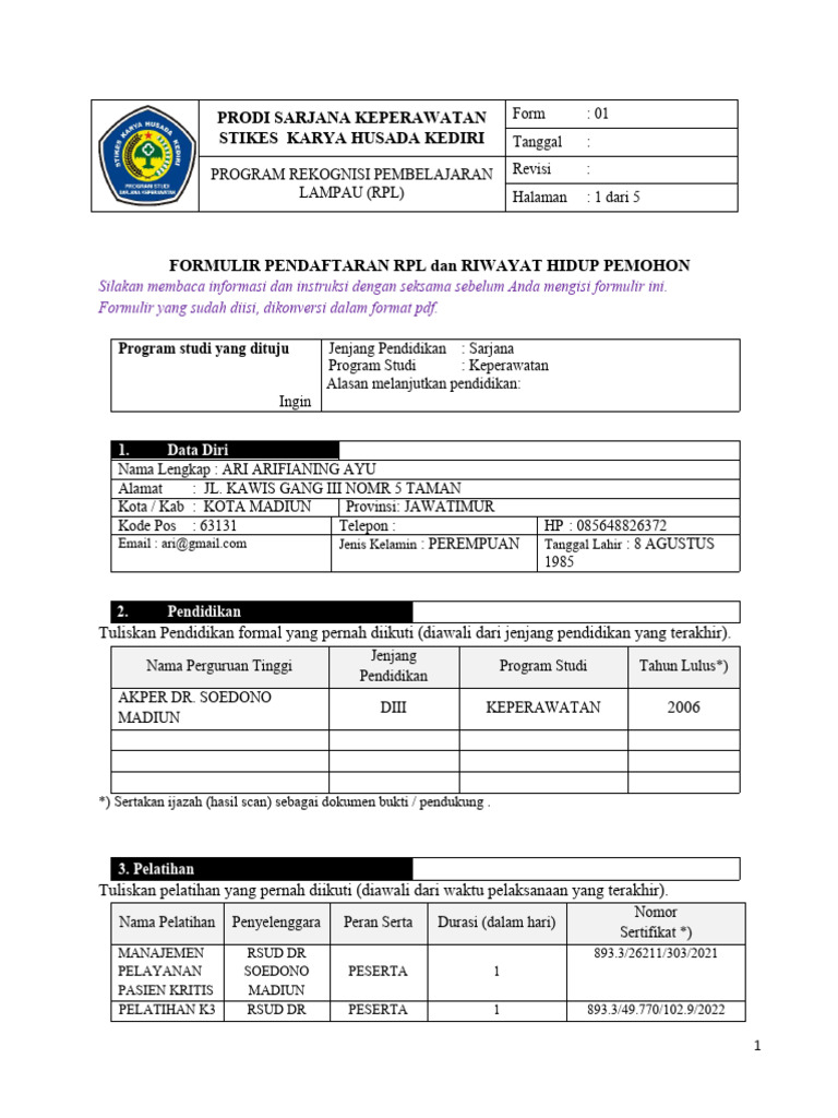 Formulir ! - Pendaftaran RPL Dan Riwayat Hidup Pemohon KH | PDF