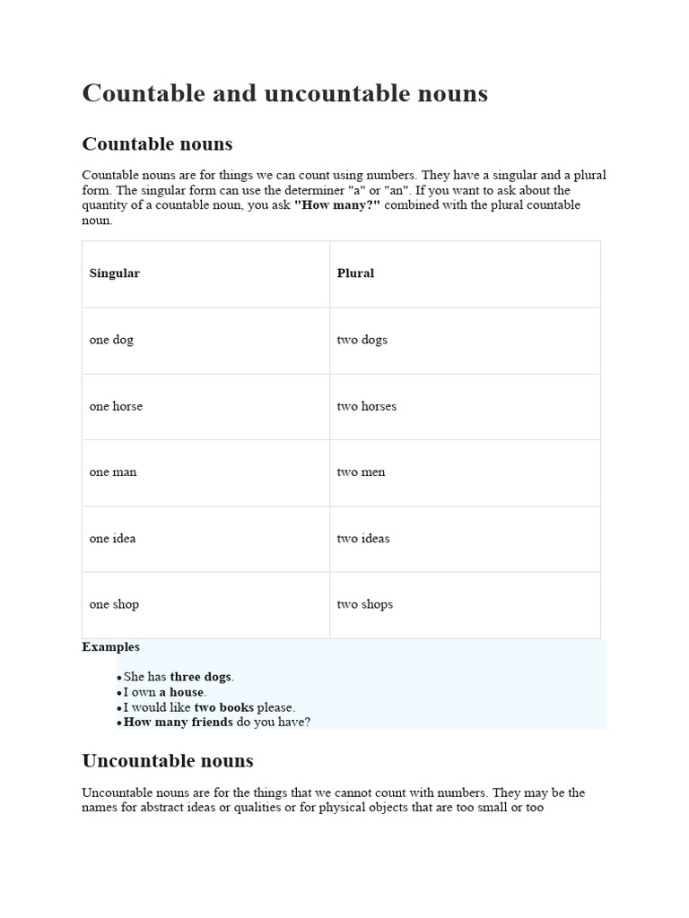 Countable vs. Uncountable Nouns Guide | PDF | Plural | Noun