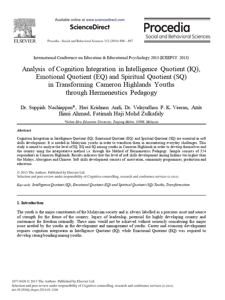 Analysis of Cognition Integration in Intelligence Quotient Iq Emotional Quotient Eq and ...