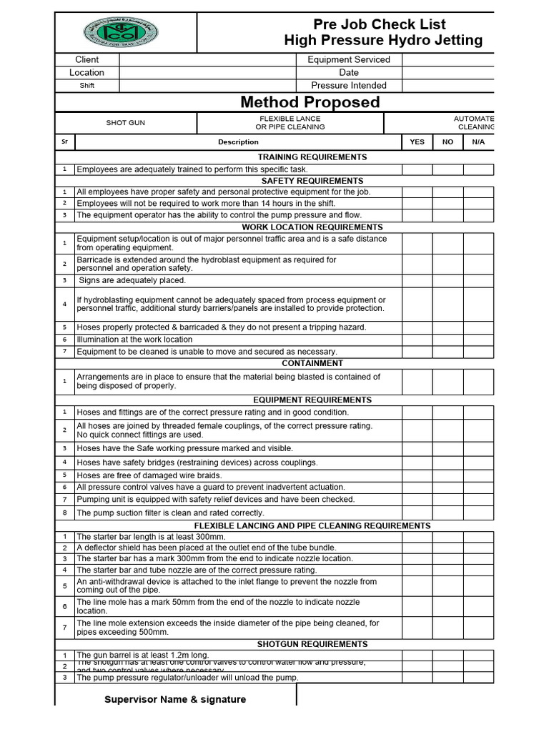 High Pressure Hydro Jetting Safety Checklist | PDF | Pump | Valve